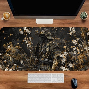 Black Gaming Mouse Pad, Samurai Art Mouse Pad, Gold Flowers Mousepad ...