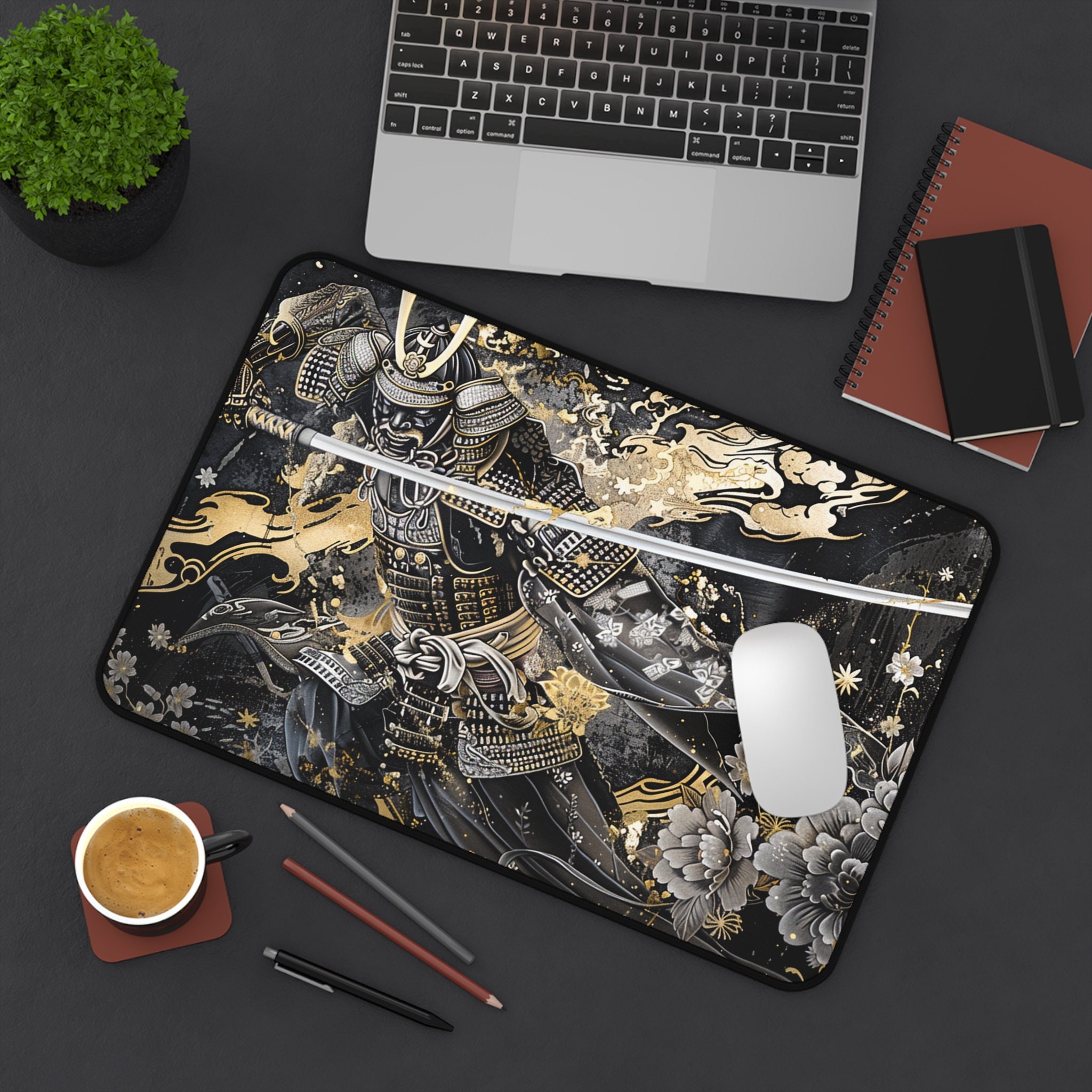 Samurai Japanese Gaming Mouse Pad, Black Desk Mat, Anime Mousepad, Cute ...
