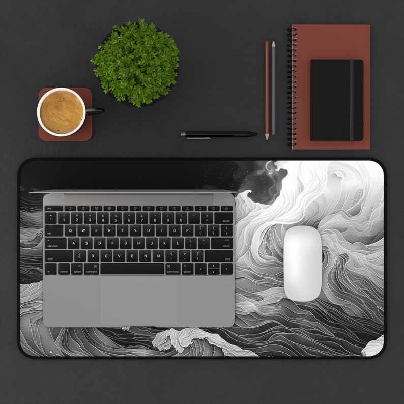 Black and White Waves Desk Mat, Large Mouse Pad, Anime Aesthetic Desk ...