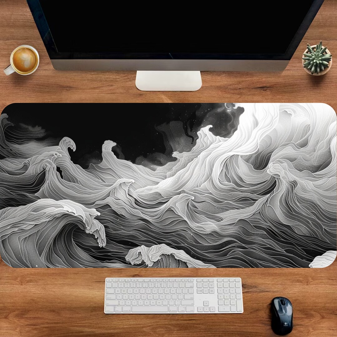 Black and White Waves Desk Mat, Large Mouse Pad, Anime Aesthetic Desk ...