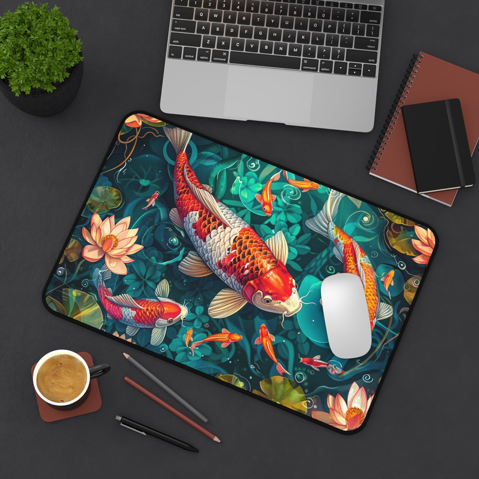Koi Pond Desk Mat, Fish Gaming Mouse Pad, Floral - Water Lilies Mouse ...