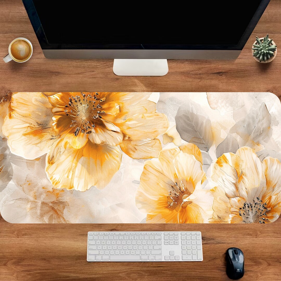 Gold Floral Deskmat, Poppy Mousepad, Botanical Desk Pad, Design Mouse ...