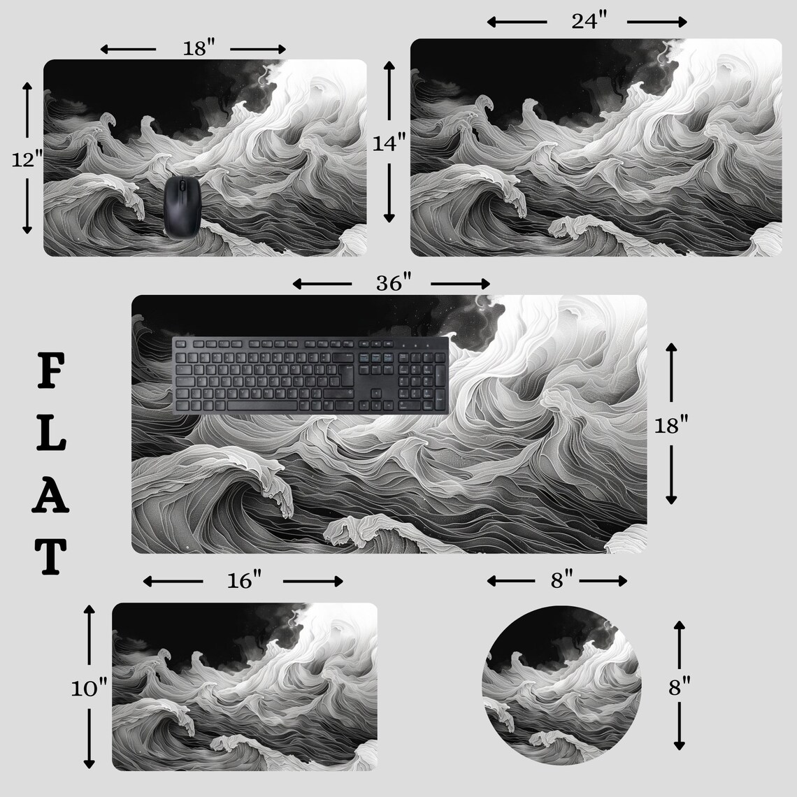 Black and White Waves Desk Mat, Large Mouse Pad, Anime Aesthetic Desk ...
