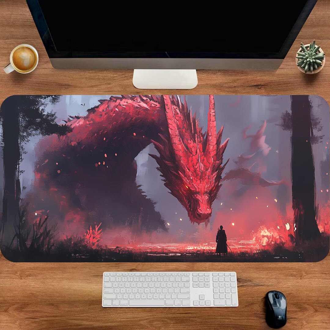 Red Dragon Desk Mat, Knight Mouse Pad, Cute Dragon Mat, Cottagecore ...