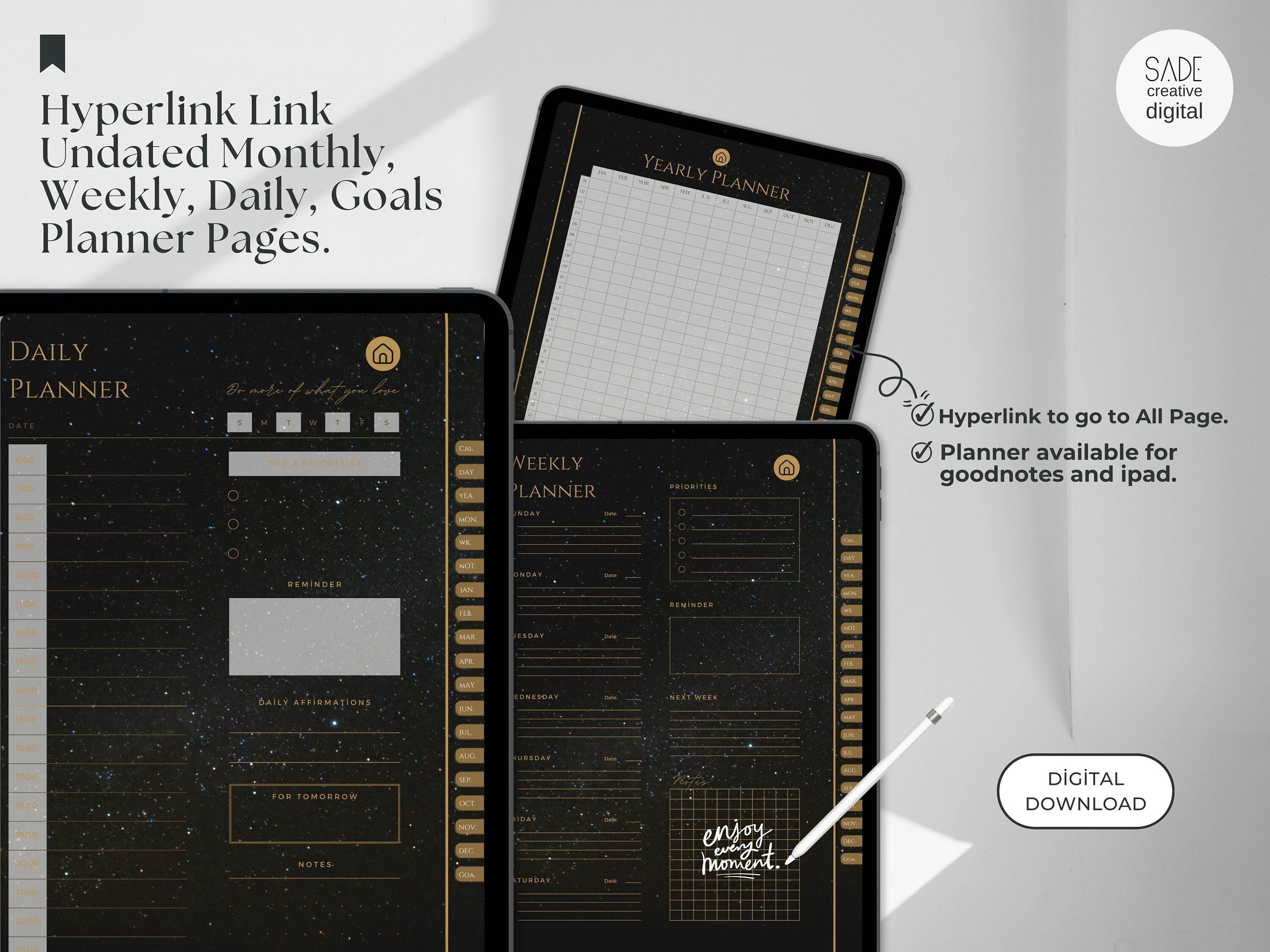 Hyperlinked Planner for Goodnotes iPad 2024 Calendar Undated Black ...