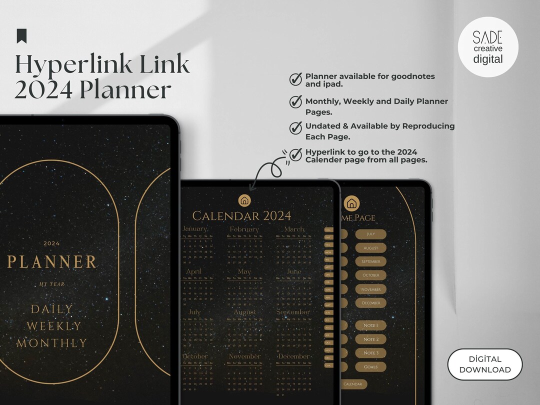 Hyperlinked Planner for Goodnotes iPad 2024 Calendar Undated Black ...
