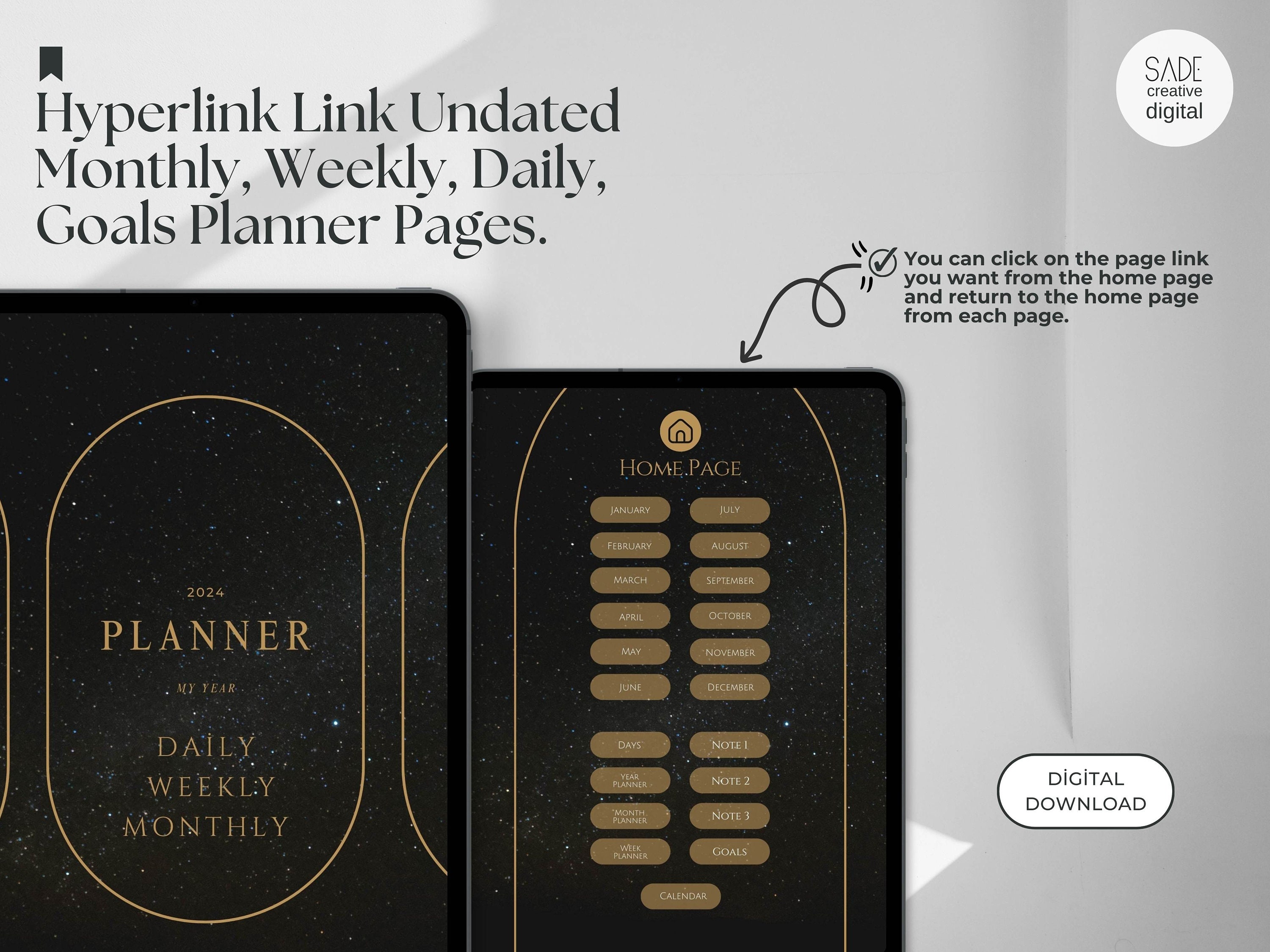 Hyperlinked Planner for Goodnotes iPad 2024 Calendar Undated Black ...