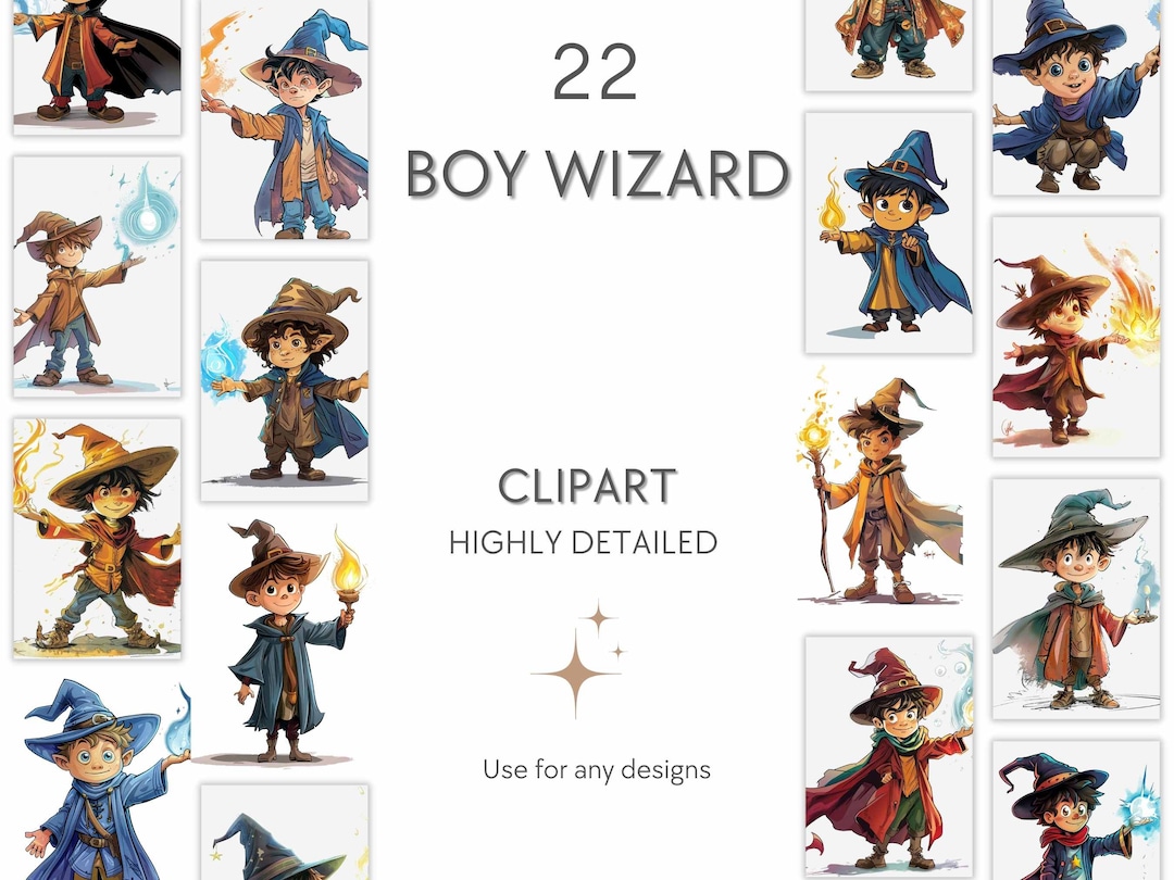 Magical Boy Wizard Clipart - Cute Fantasy Sorcerer Illustration ...