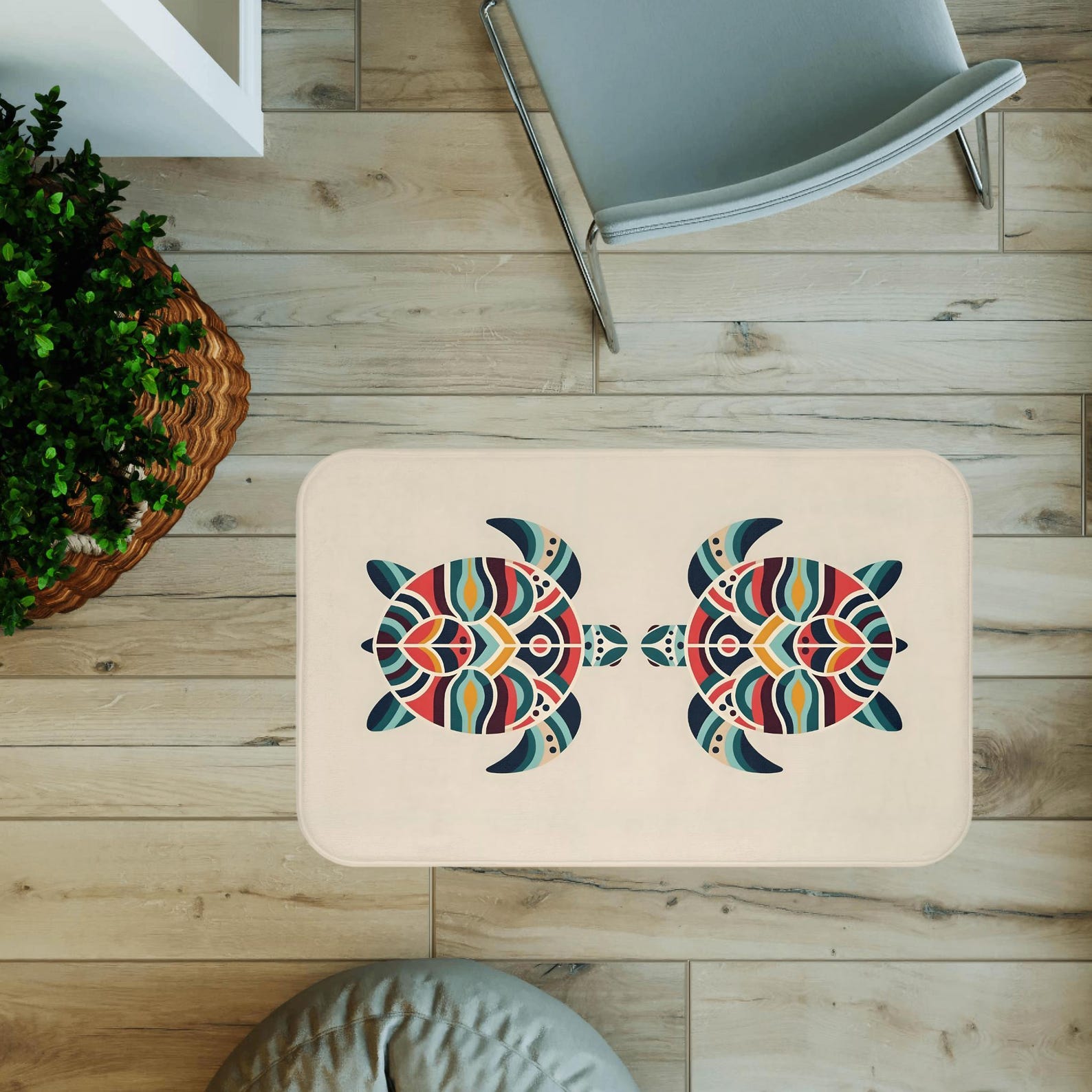 Turtle Art Bath Mat, Sea Creature Bathroom Rug, Ocean Theme Bathroom ...