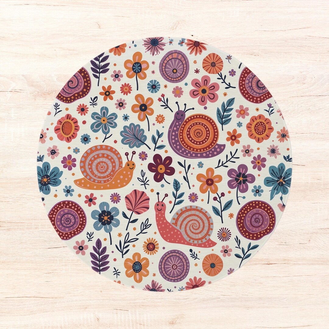 Snail and Floral Round Rug, Animal Theme Indoor Circle Carpet, Spring ...
