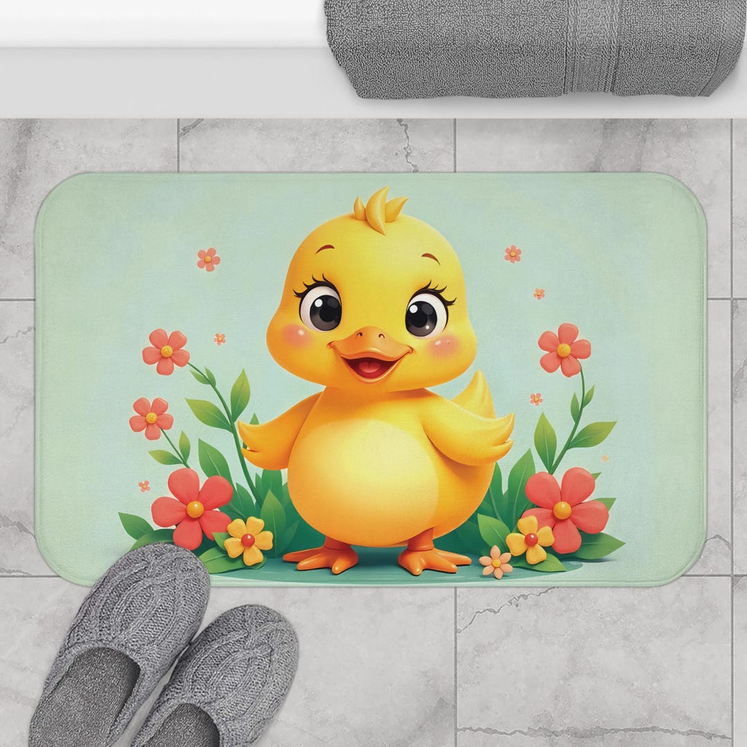 Cartoon Duck Bath Mat, Cute Animal Theme Bathroom Rug, Yellow Duckie ...
