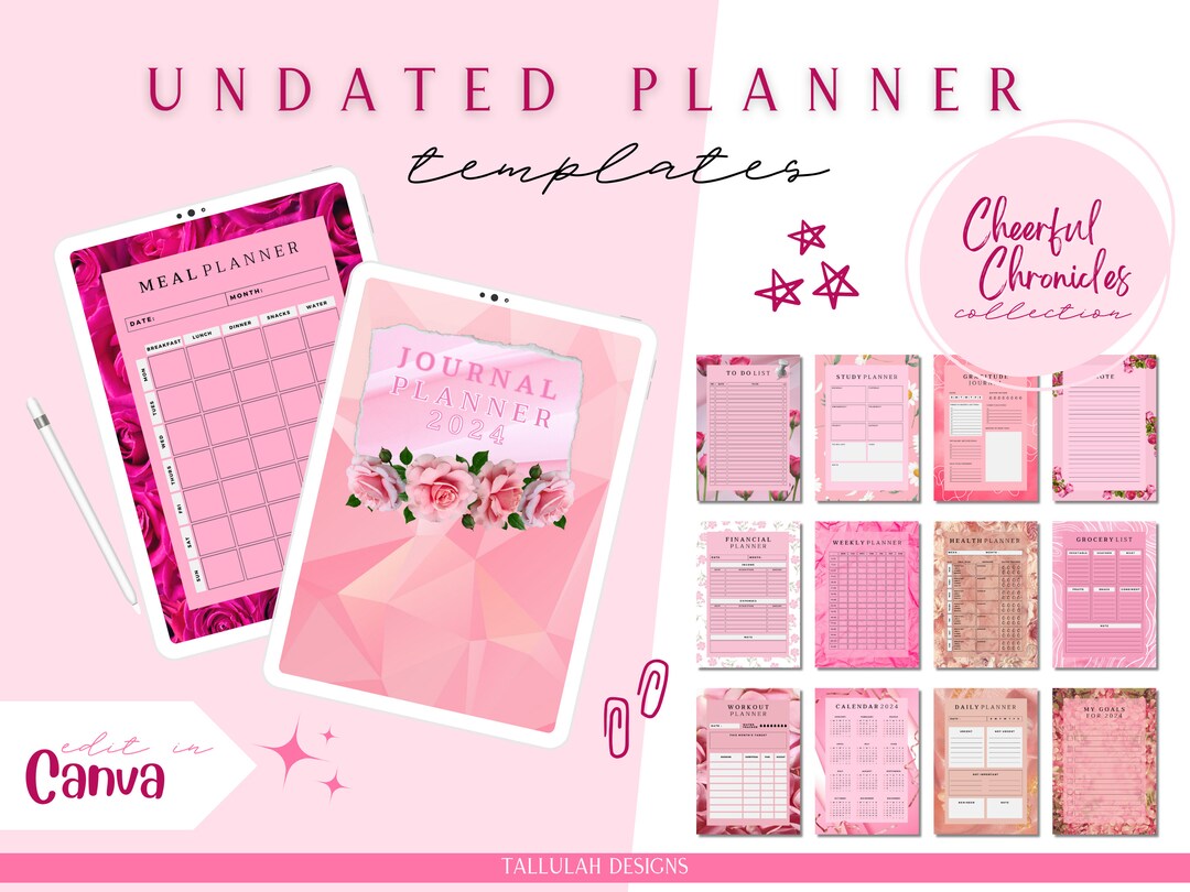 Pink Themed Undated Planner Canva Templates, Reflection Journal ...