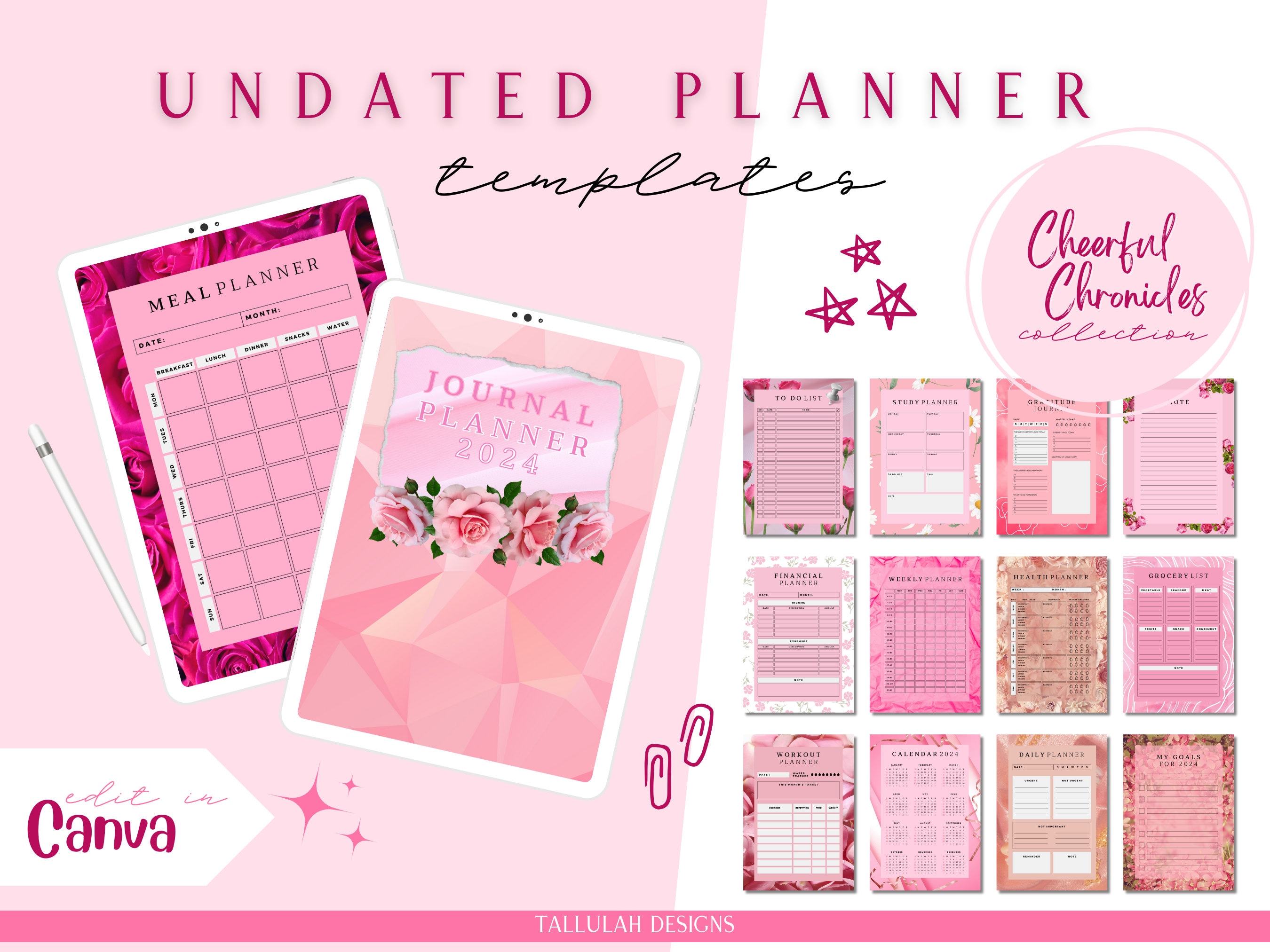 Pink Themed Undated Planner Canva Templates, Reflection Journal ...