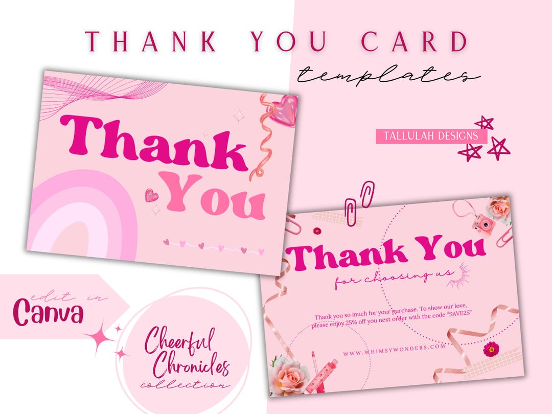 Pink Themed Thank You Card Canva Template, Thank You Card Pack, Modern ...
