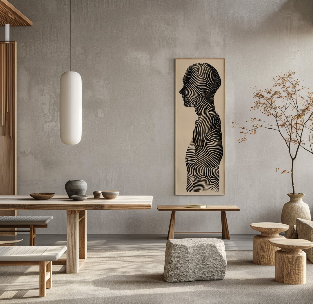 Large Vertical Tall Fine Line Painting - Abstract Body in Black and ...