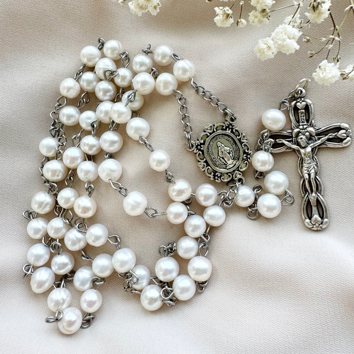 Freshwater Pearl Holy Rosary Beads, Personalised Stainless Steel Rosary ...
