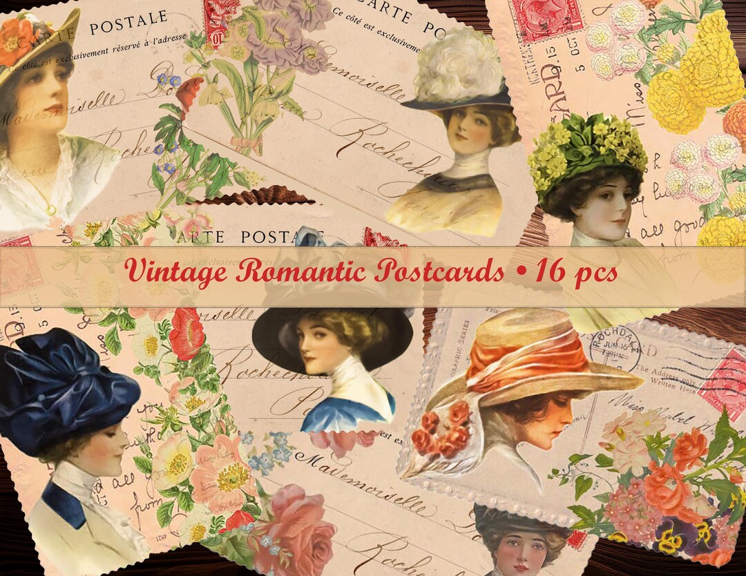 Vintage Romantic Postcards, Ladies With Hats Ephemera (digital Download ...