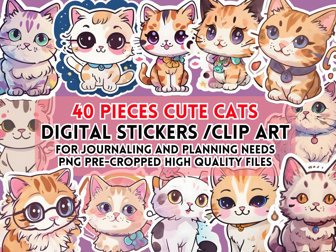 Cute Cat Digital Clipart Stickers 40 Pre-cropped Pieces for Planners ...