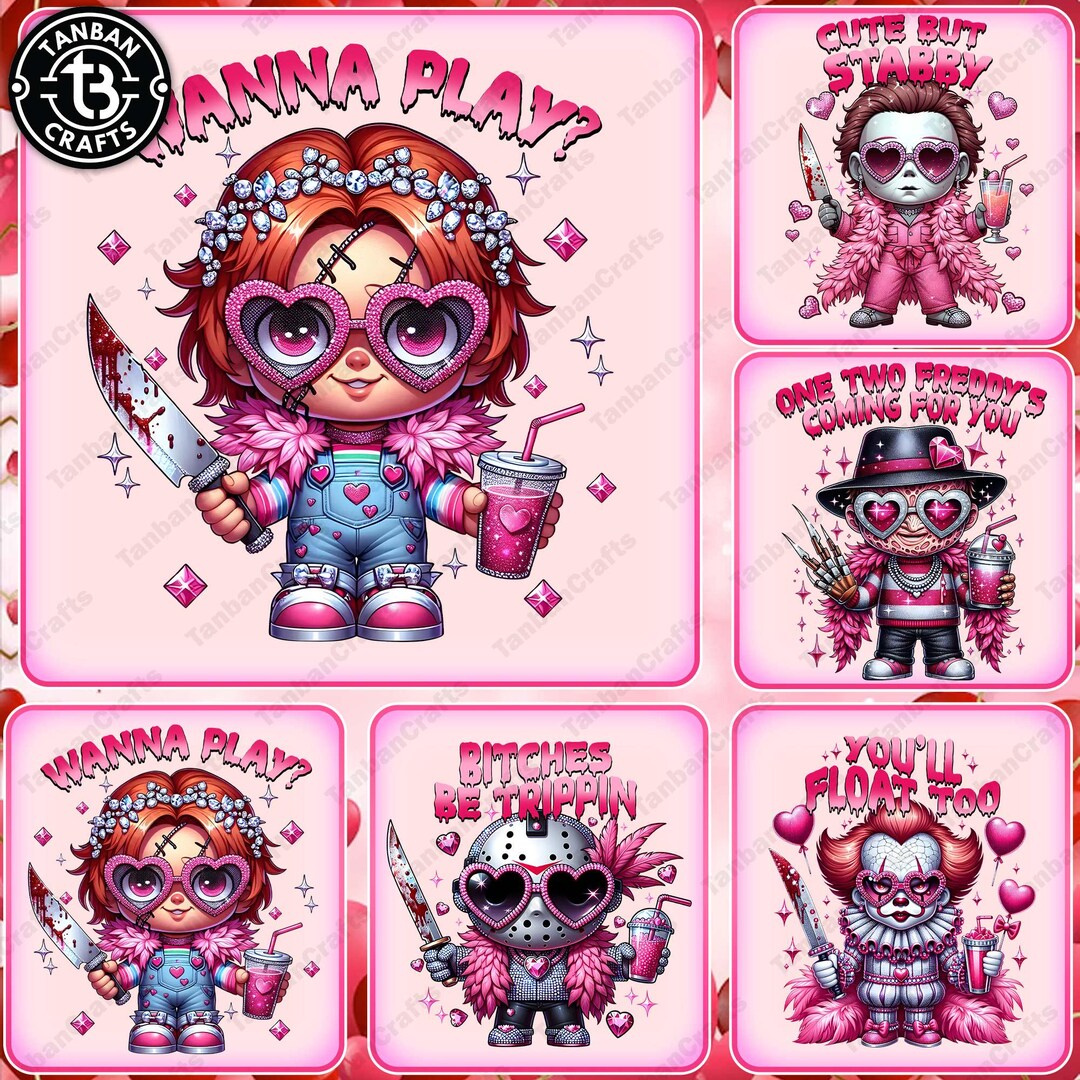 5 Horror Characters Valentine Bundle Png, Pink Heart Valentine Horror ...
