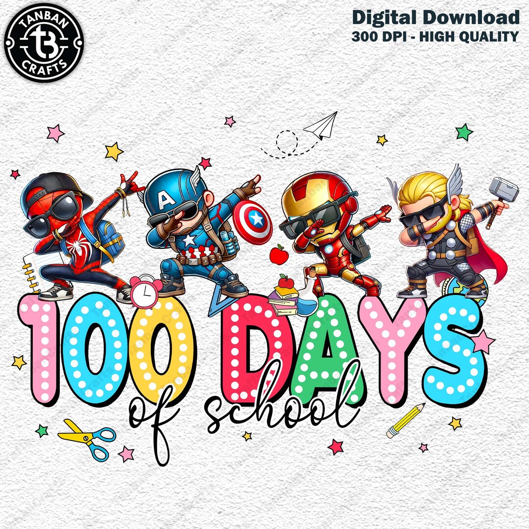 100 Days of School Png, Cartoon 100 Days of School Png, Superhero 100 ...