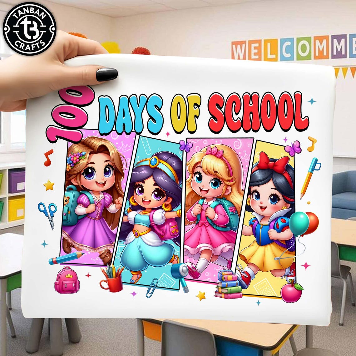 Happy 100 Days of School Princess Cartoon Png, Cartoon Princess 100th ...
