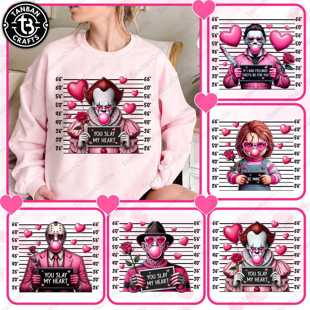 5 Valentine Horror Killers Bundle Png, Pink Heart Valentine Horror ...