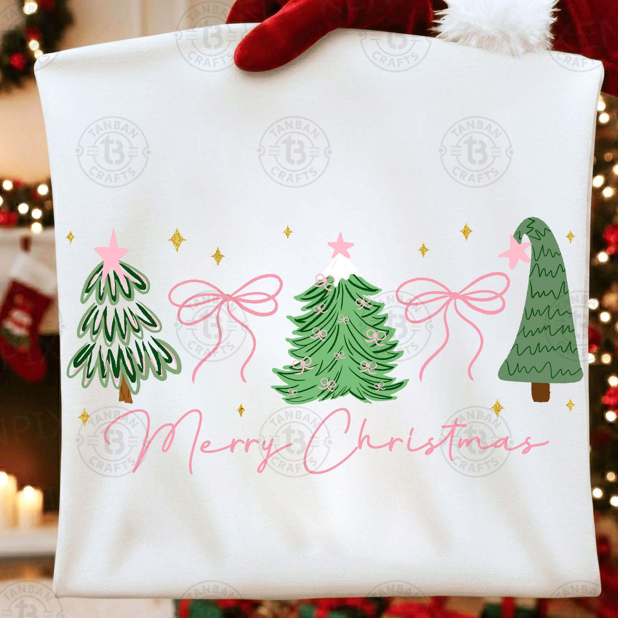 Floral Preppy Christmas Tree Santa Claus Bow Png, Merry & Bright Png ...