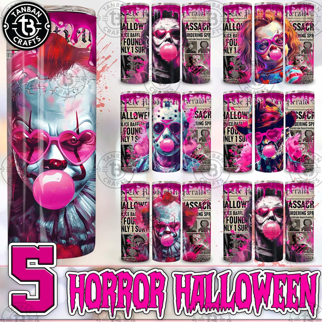 Pink Horror Characters 20oz Skinny Tumbler Wrap Bundle Png,funny ...