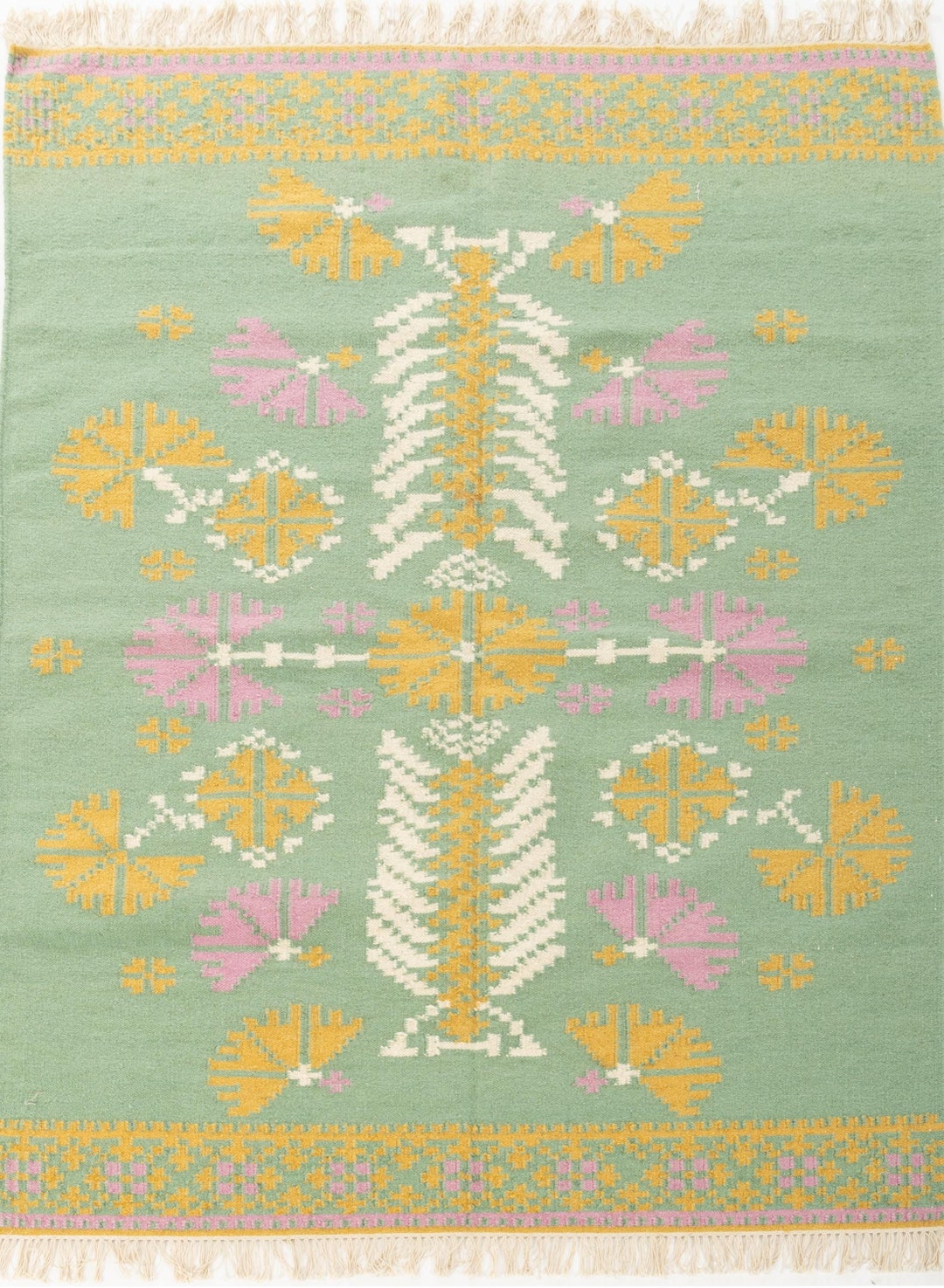 Handwoven Wool Rug – Tree of Life Design, Sage and Ochre Flatweave ...