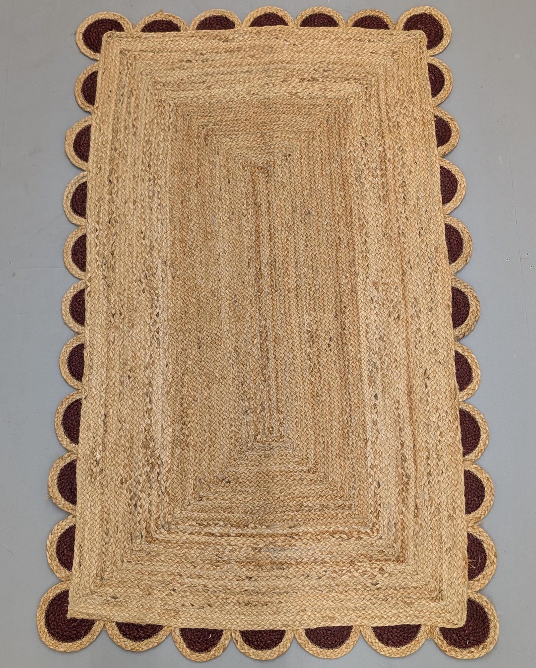 3x5ft Small Scalloped Jute Rug-natural With Maroon Accents – Perfect ...