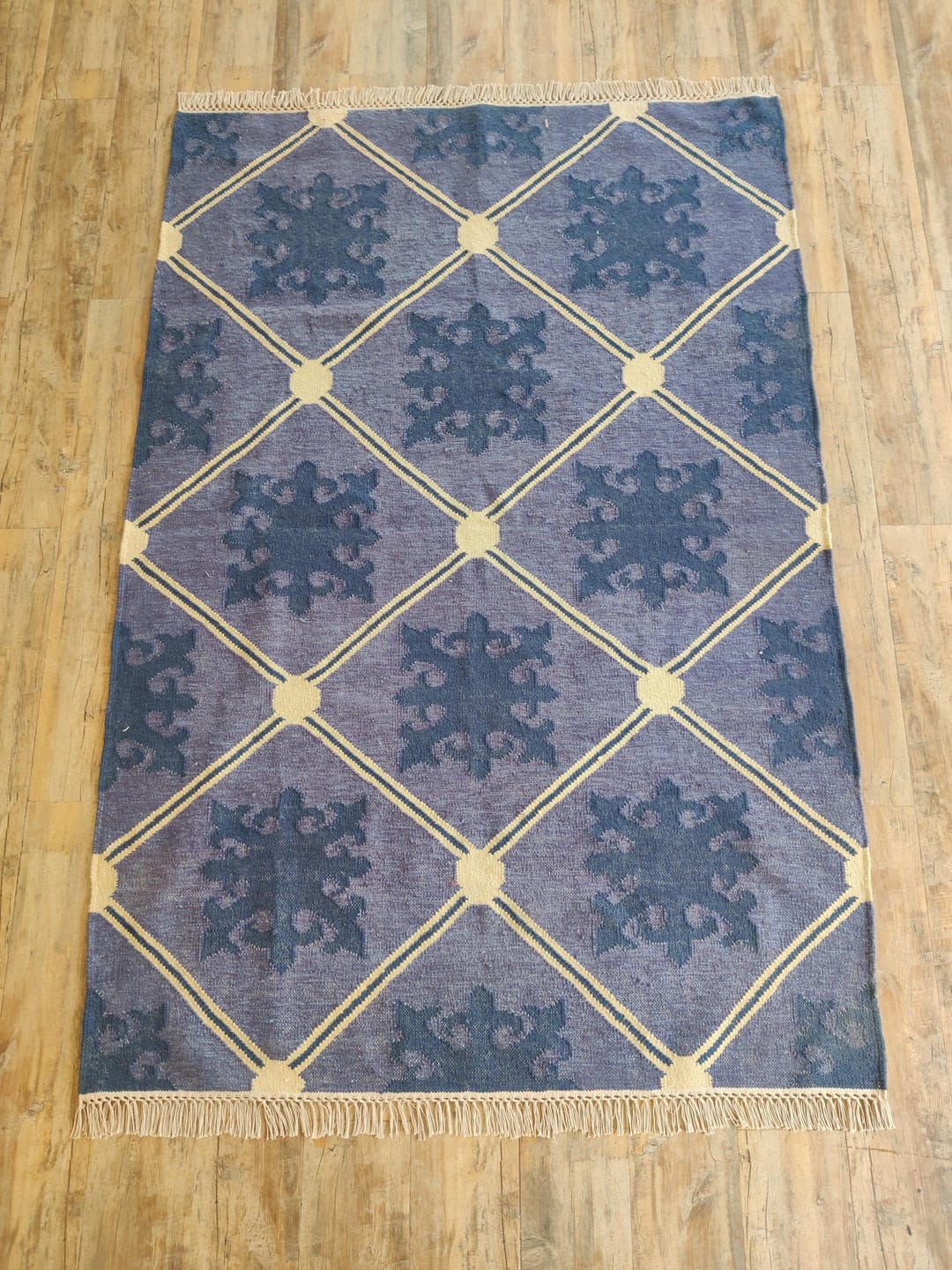 Handwoven Wool Flatweave Rug – Indigo Blue Diamond Trellis, Traditional ...