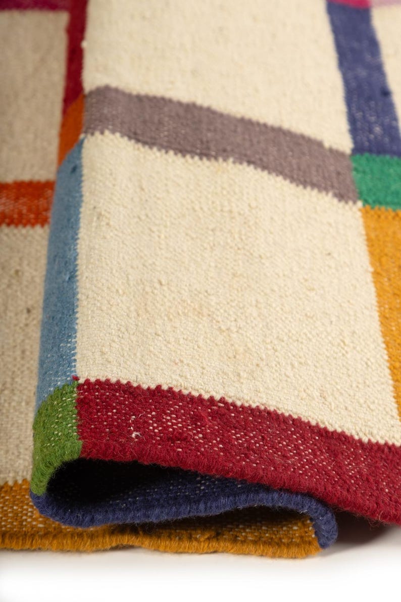 Handmade Wool Flatweave Rug – Multicolour Grid, Geometric Area Rug - Etsy