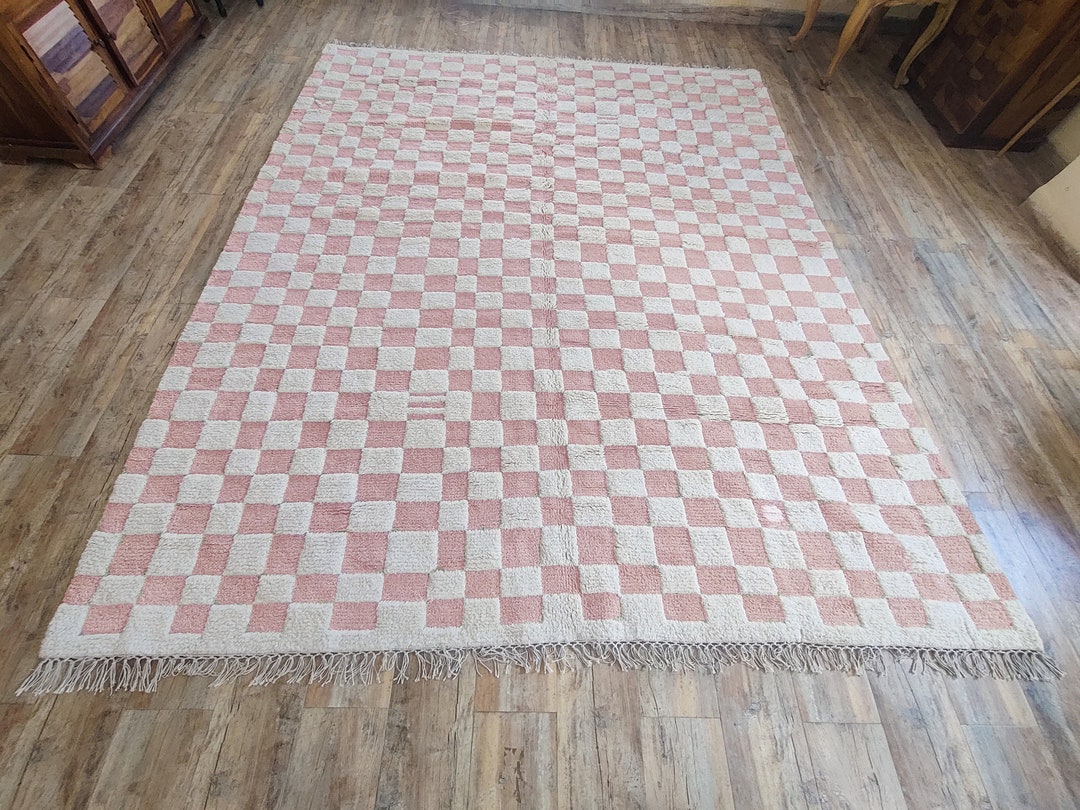 Checkerboard Berber Ivory and Pink Wool Rug, Custom Large Moroccan ...