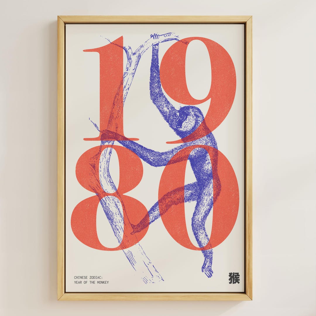 1980 | Year of the Monkey | Chinese Zodiac Art | Astrology Printable ...