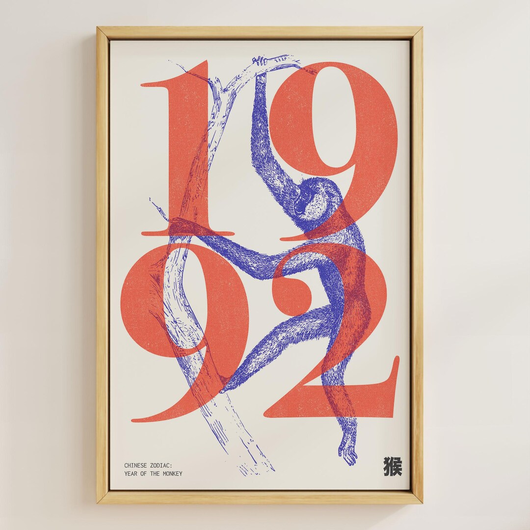 1992 | Year of the Monkey | Chinese Zodiac Art | Astrology Printable ...