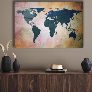 Glass Wall Art, Continents World Map Wall Art, Tempered Glass Art, Wall ...