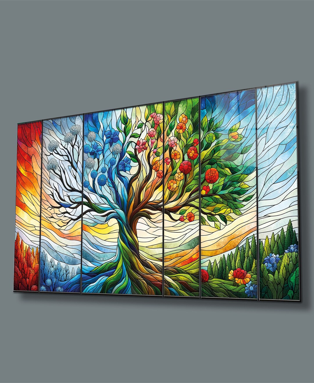 Colorful Tree of Life 4 Seasons Glass Wall Decor - Home Decor ...