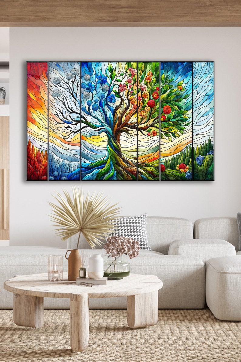 Colorful Tree of Life 4 Seasons Glass Wall Decor Home Decor Tempered ...