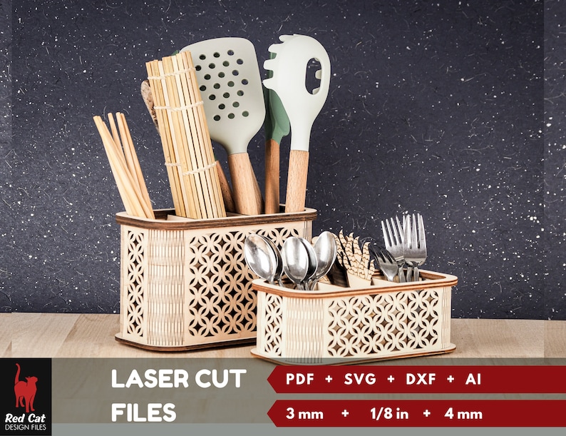 Utensil Holder Laser Cut Files SVG + DXF + PDF. Set of 2, Kitchen ...
