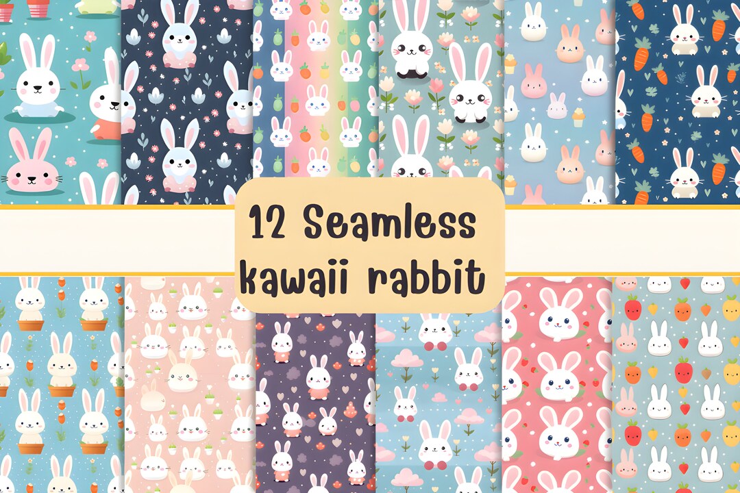 12 Pattern Rabbit Kawaii Digital Paper - Adorable Seamless Patterns ...