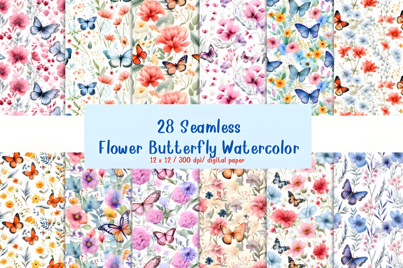 28 Watercolor Butterfly Flower Patterns - Download Printable Scrapbook ...