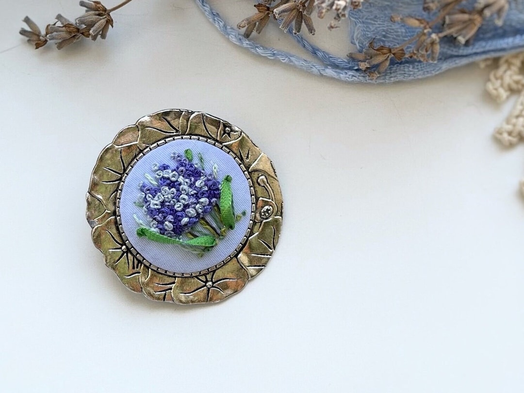 Blue Flowers Embroidery Brooch Muscary Embroidery Spring Brooch for Mom ...