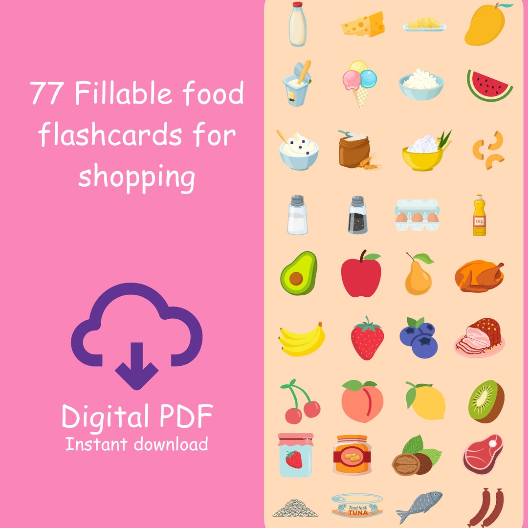 77 Fillable Food Flashcards for Shopping | Montessori Cards | Learning ...