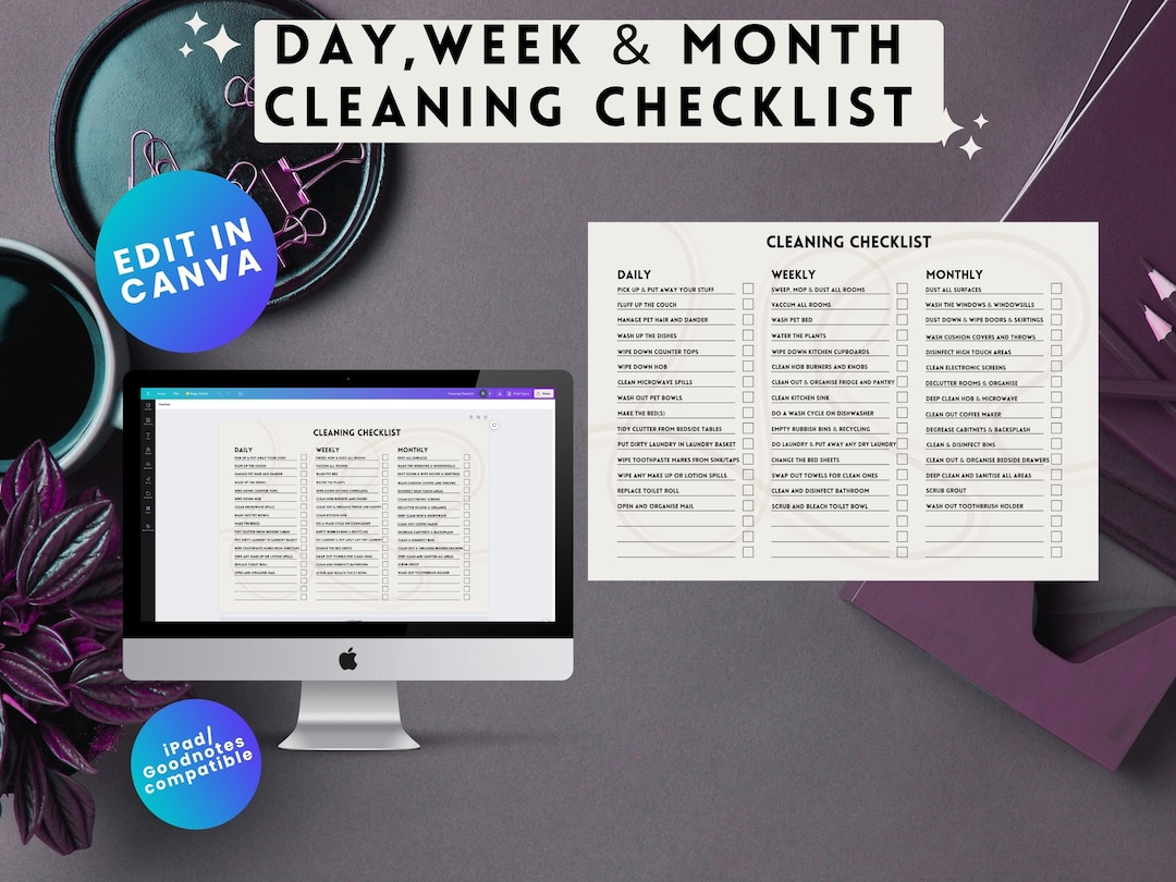 Day, Week and Month Cleaning Checklist | Checklist for Canva, Ipad ...