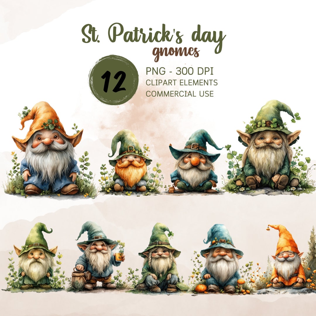 Watercolor Gnome St. Patrick's Day and Clipart, 12 PNG Festive Gnomes ...