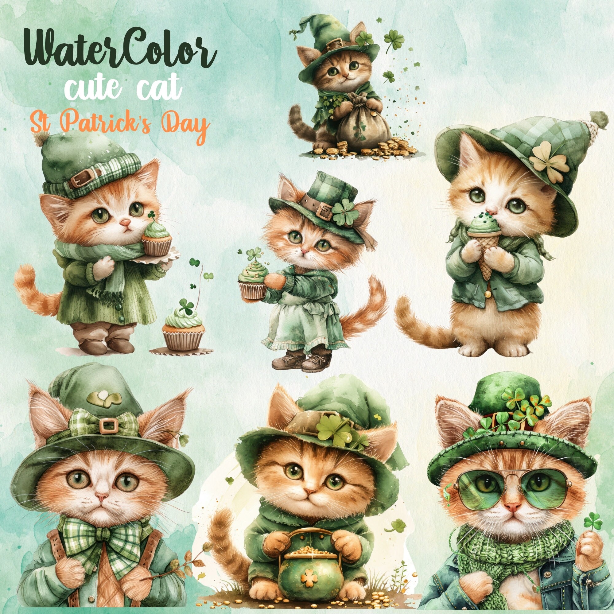 Cute St.patrick's Day Cat Cliparts, Watercolor St Patricks Cat PNG, 21 ...