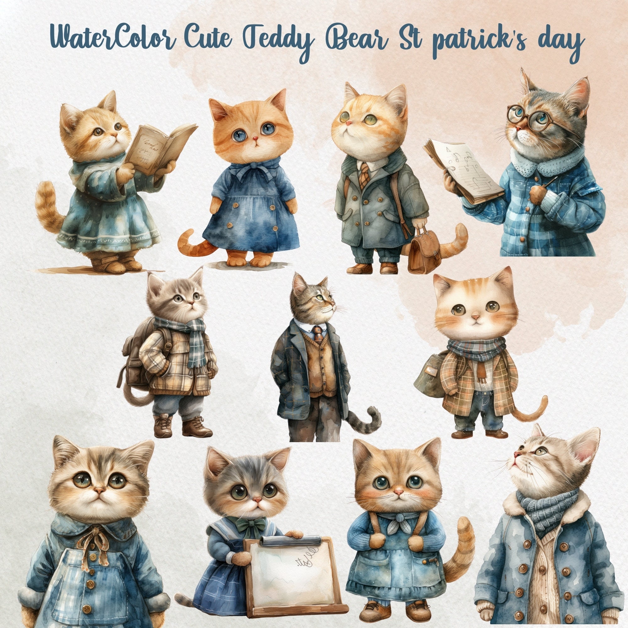 Watercolor Cat School Clipart, Cute Cat PNG, Cats Clipart, Animals ...