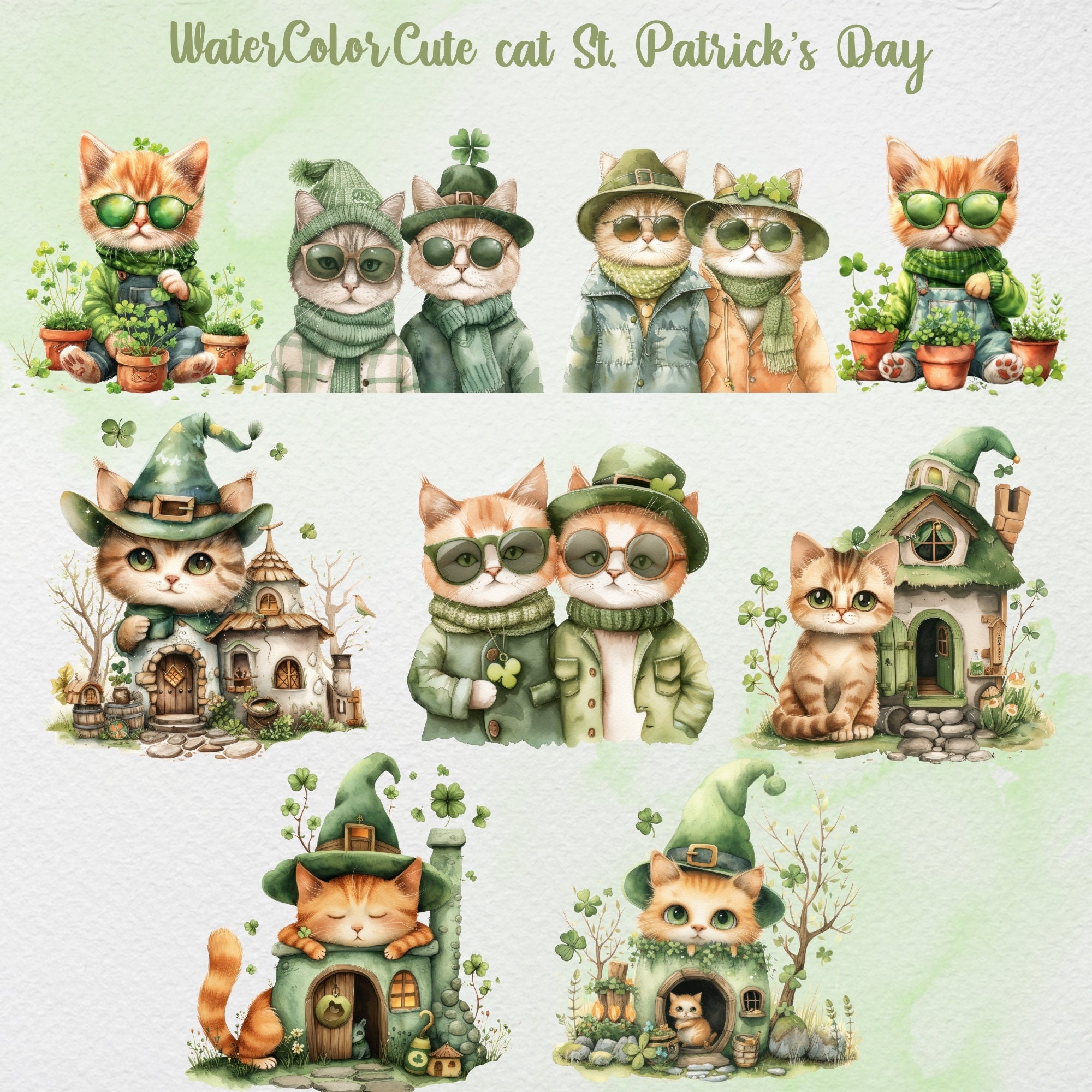 Cute St.patrick's Day Cat Cliparts, Watercolor St Patricks Cat PNG, 21 ...