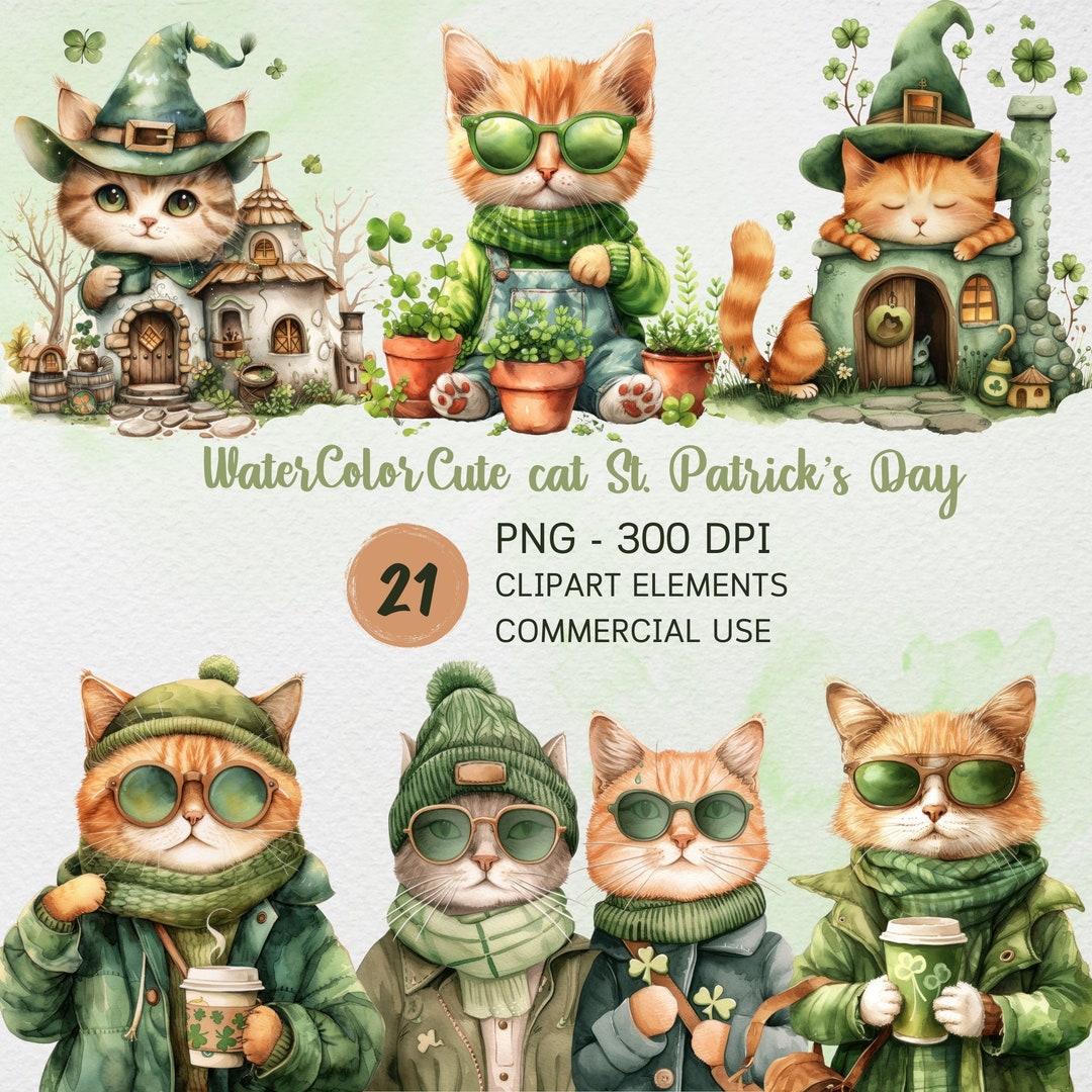 Cute St.patrick's Day Cat Cliparts, Watercolor St Patricks Cat PNG, 21 ...