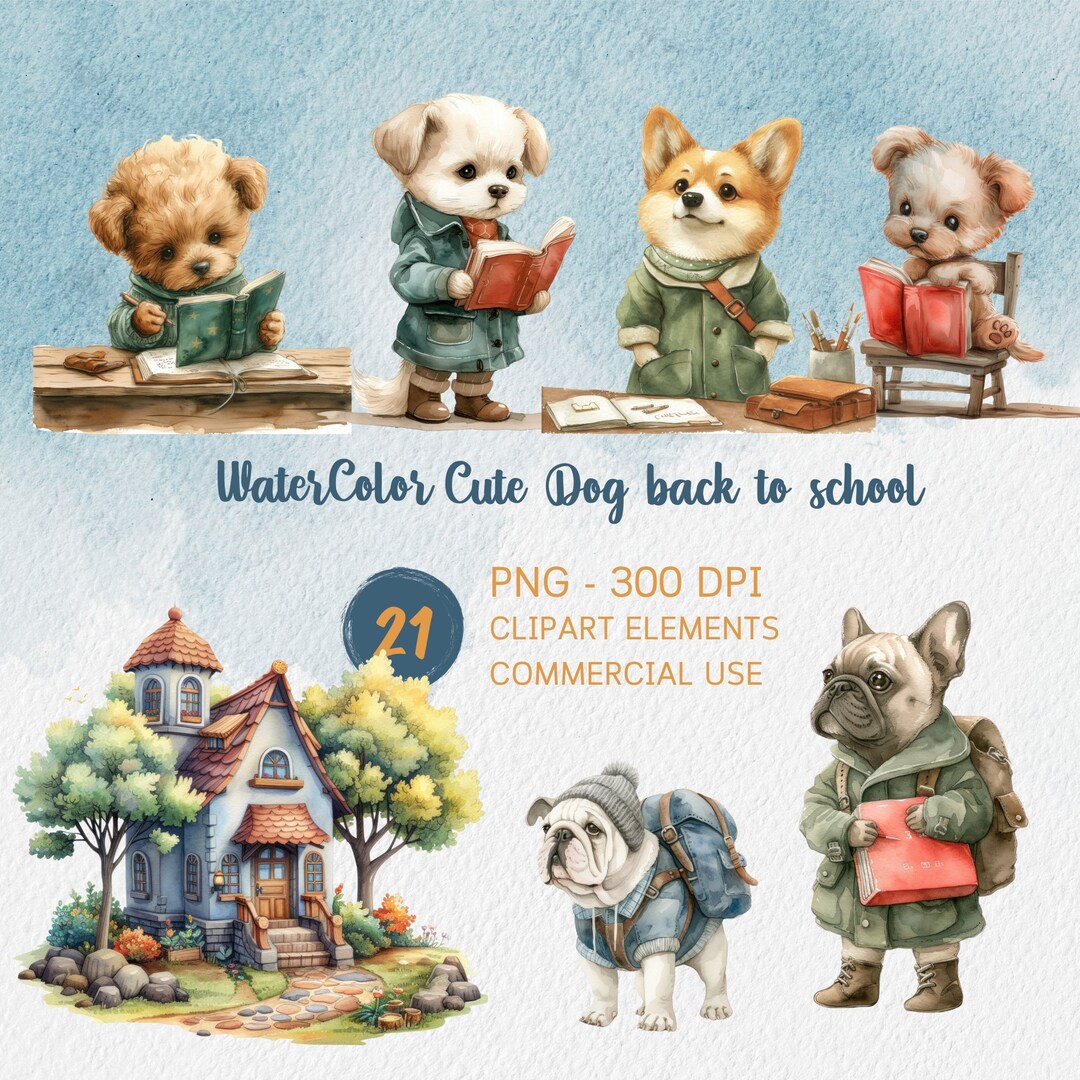 Watercolor Dog School Clipart, Cute Dog PNG, Cats Clipart, Animals ...